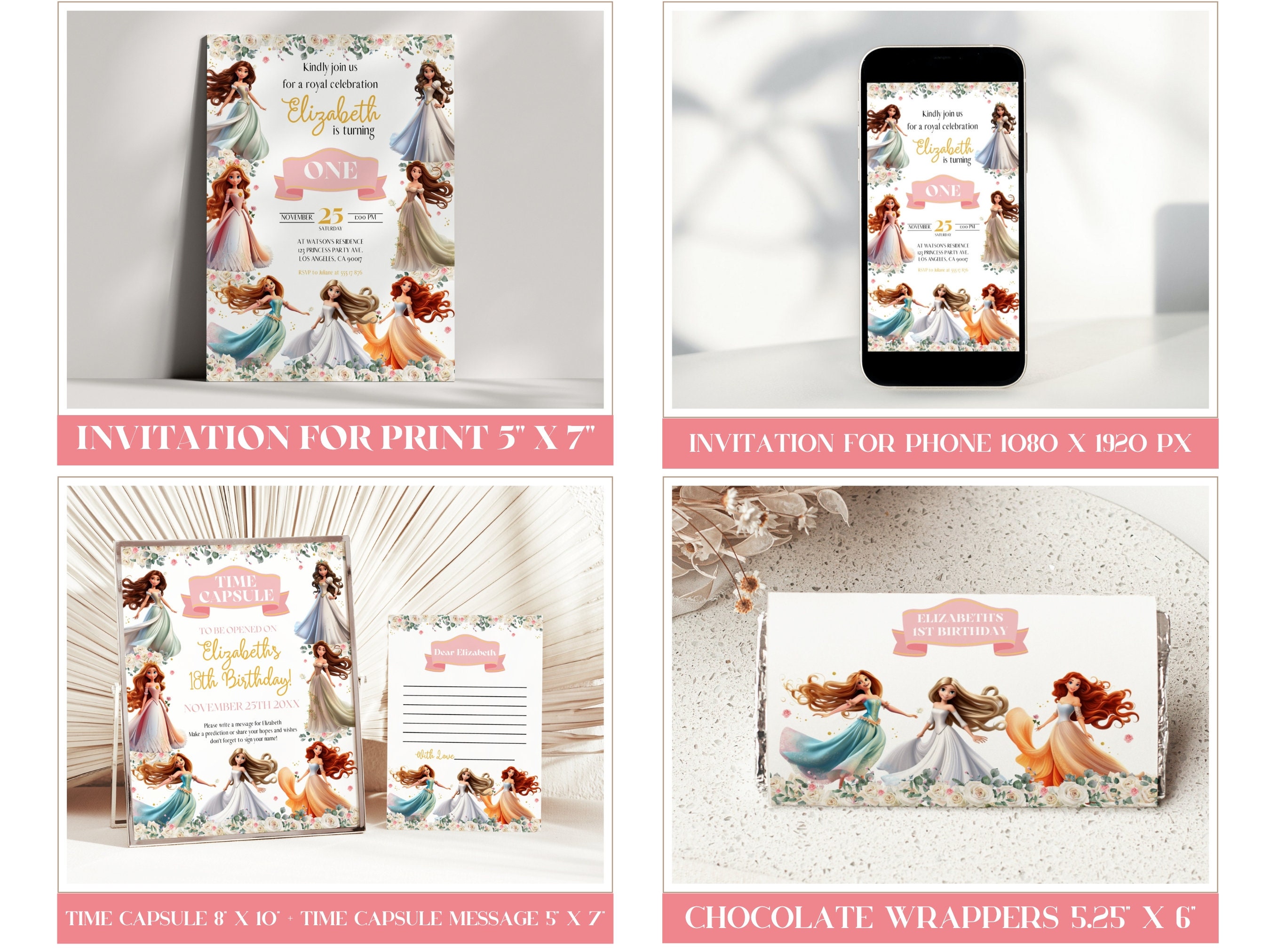 Princess Birthday Invitation Bundle, Princess Theme Party Pack, Royal ...