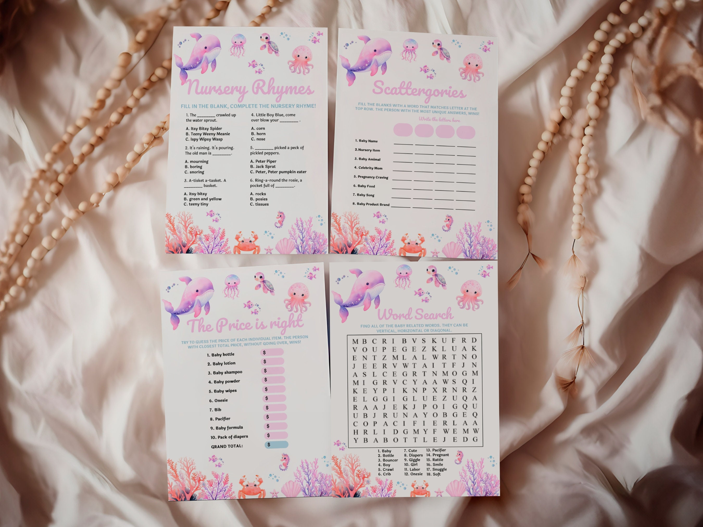 Under the Sea Baby Shower Games Bundle, Pink Girl Baby Shower Bingo ...