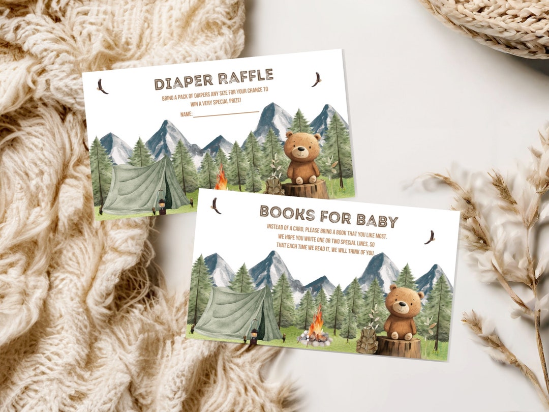 Little Camper Baby Shower Diaper Raffle Card, Adventure Awaits Woodland ...
