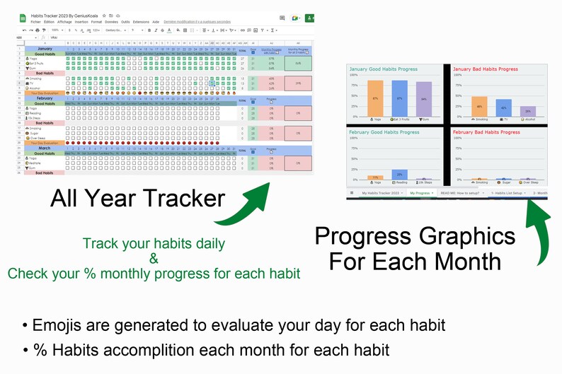 Habit Tracker Spreadsheet 2024 Google Sheets Habit Tracker Daily Habit ...