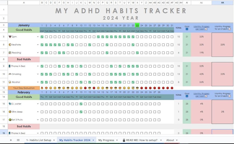 ADHD Habit Tracker Spreadsheet 2024 ADHD Google Sheets Habit Tracker ...