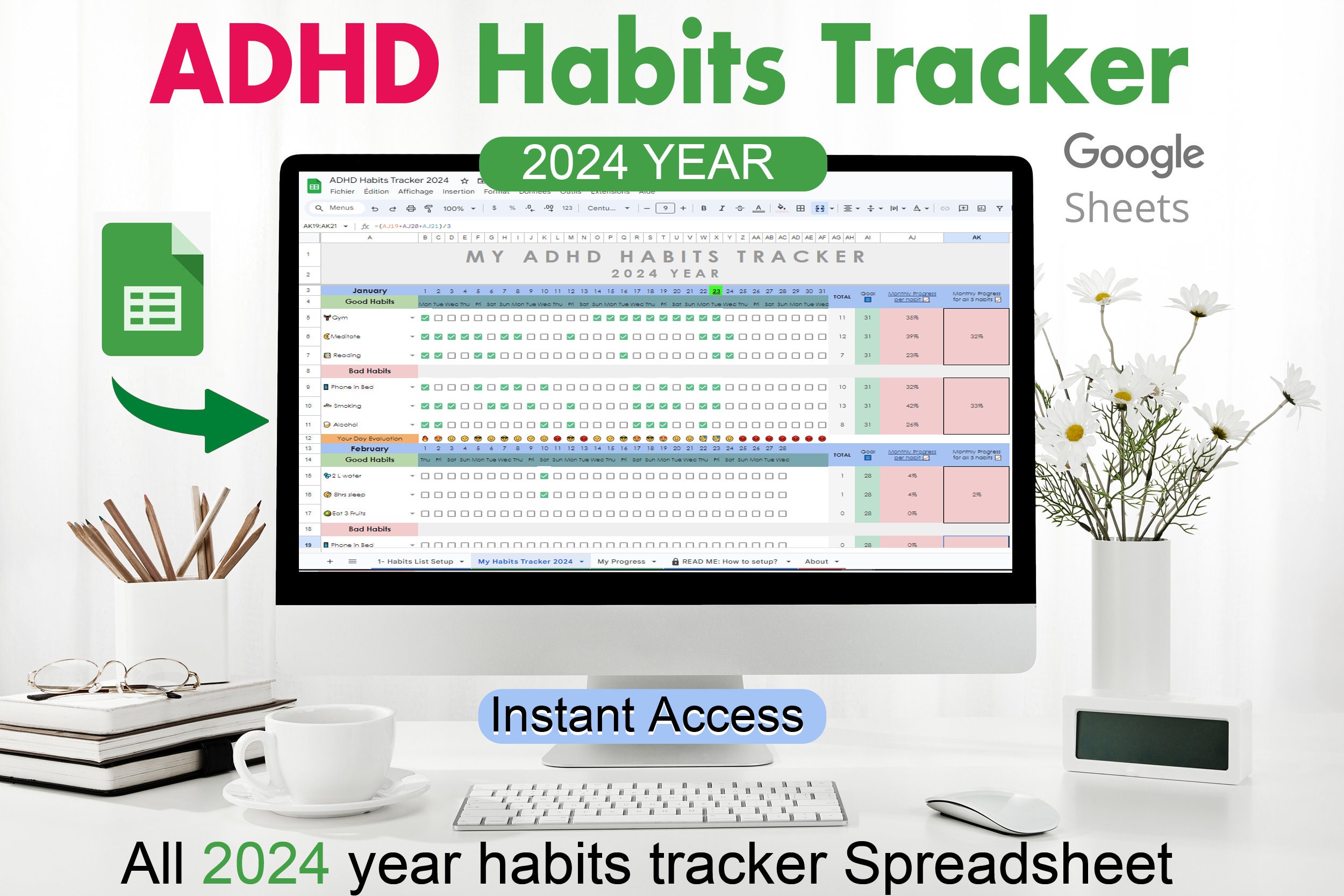 ADHD Habit Tracker Spreadsheet 2024 ADHD Google Sheets Habit Tracker ...