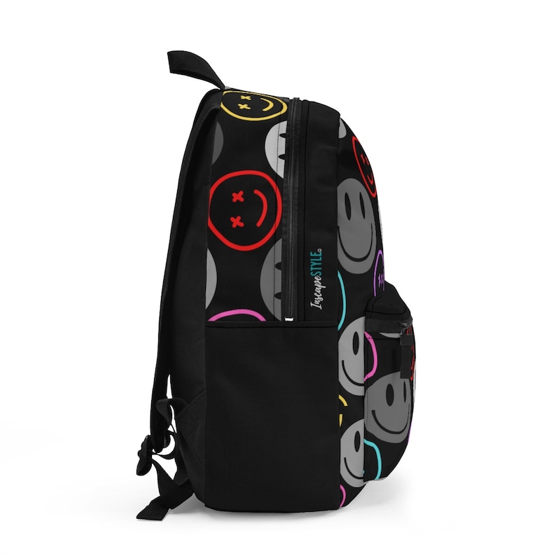 Neon Smiley Face Backpack | Black and Colorful Graphic School Bag ...