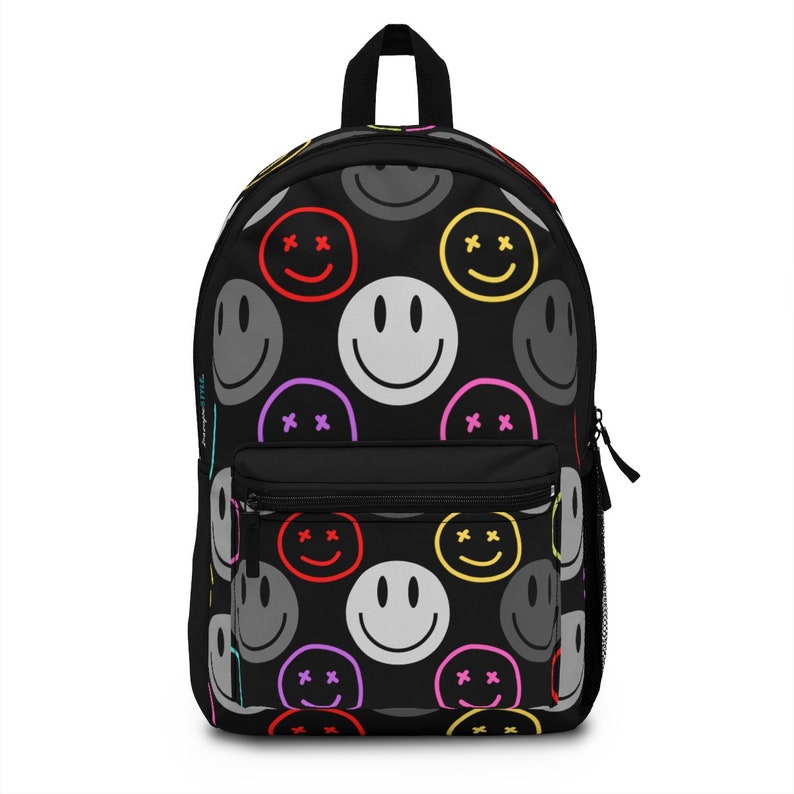 Neon Smiley Face Backpack | Black and Colorful Graphic School Bag ...