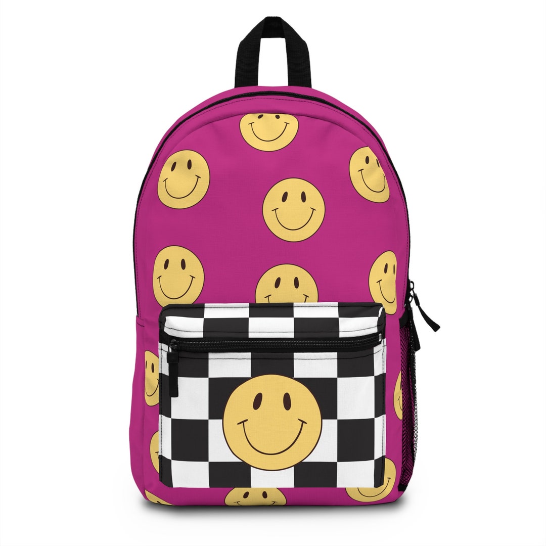 Pink Smiley Face Backpack | Retro Checkered School Bag With Yellow ...