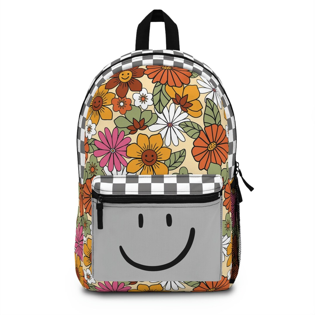 Floral Smiley Face Backpack | Retro Flower Print With Checkered Pattern ...