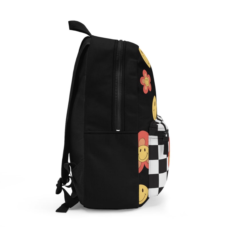 Retro Smiley Flower Backpack | Black and White Checkered School Bag ...