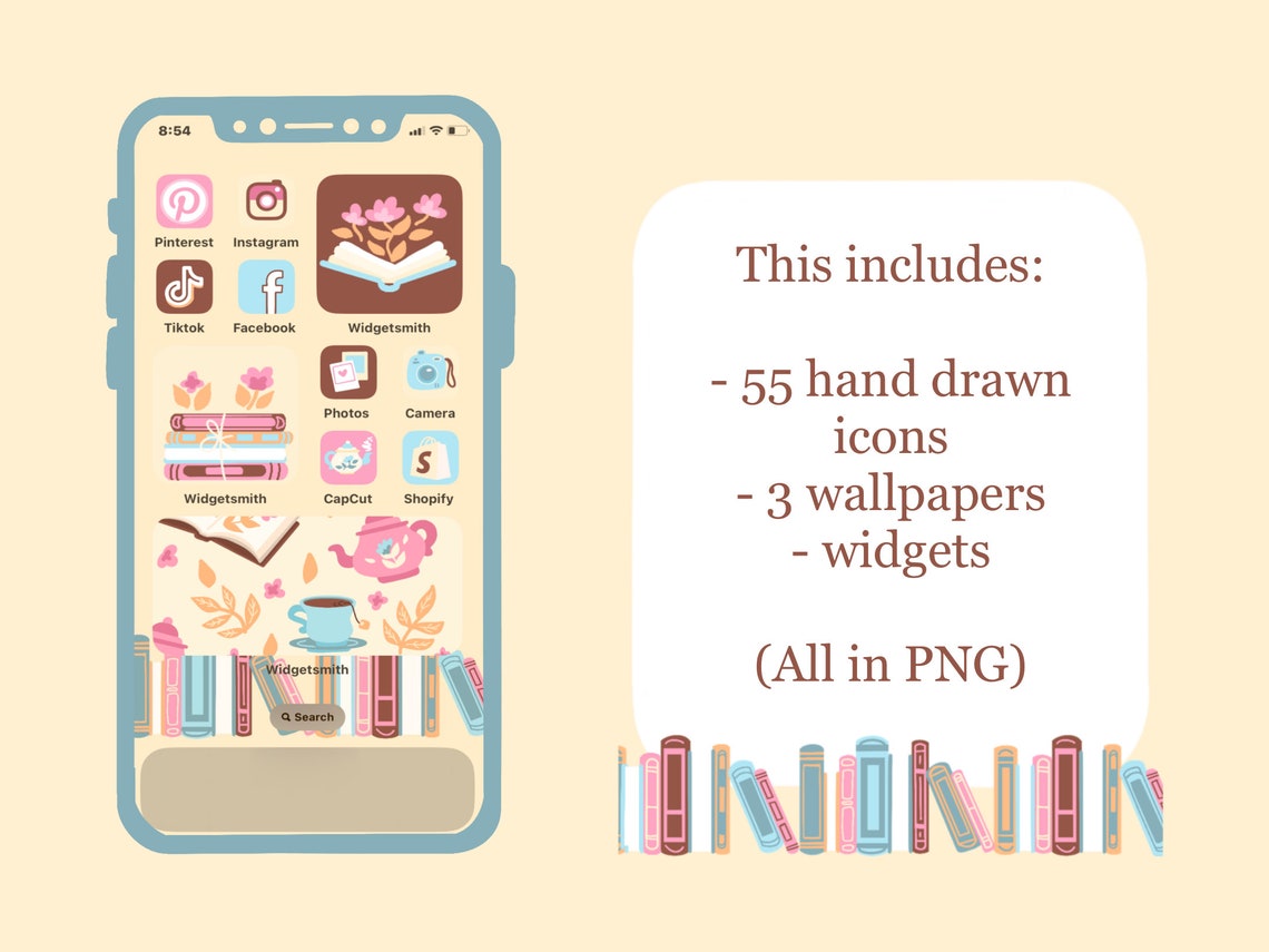 Cute Bookworm App Icon Set Book Lovers IOS Icon Set iPhone Icons for ...