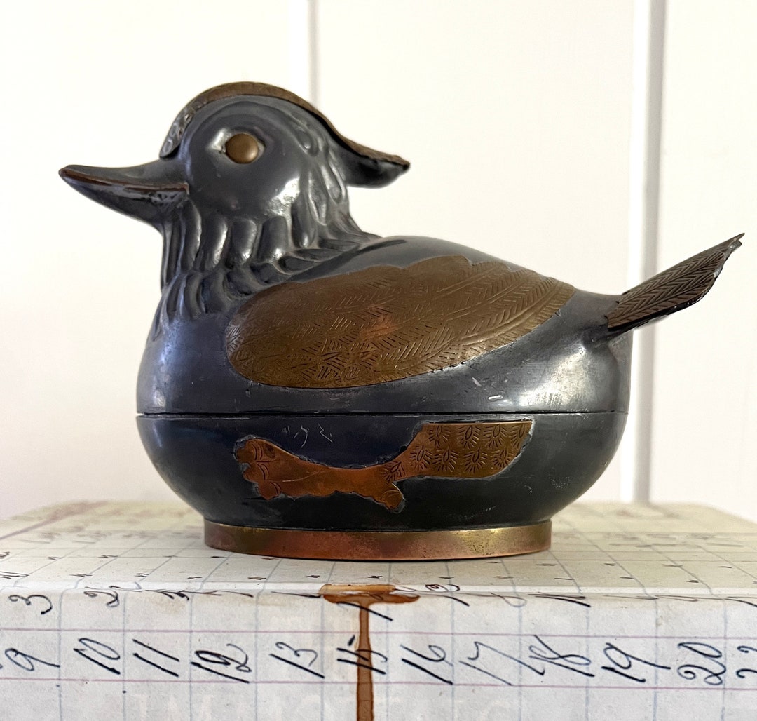 VINTAGE | Pewter & Brass Duck Trinket Box | 1960s, Shelf Decor, Cottage ...