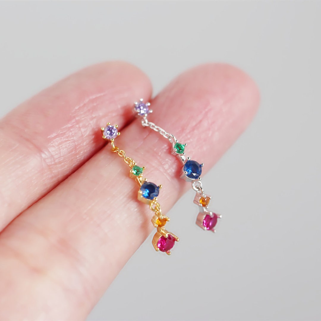 Sterling Silver Multi Colour CZ Drop Dangle Tassel Chain Earrings ...