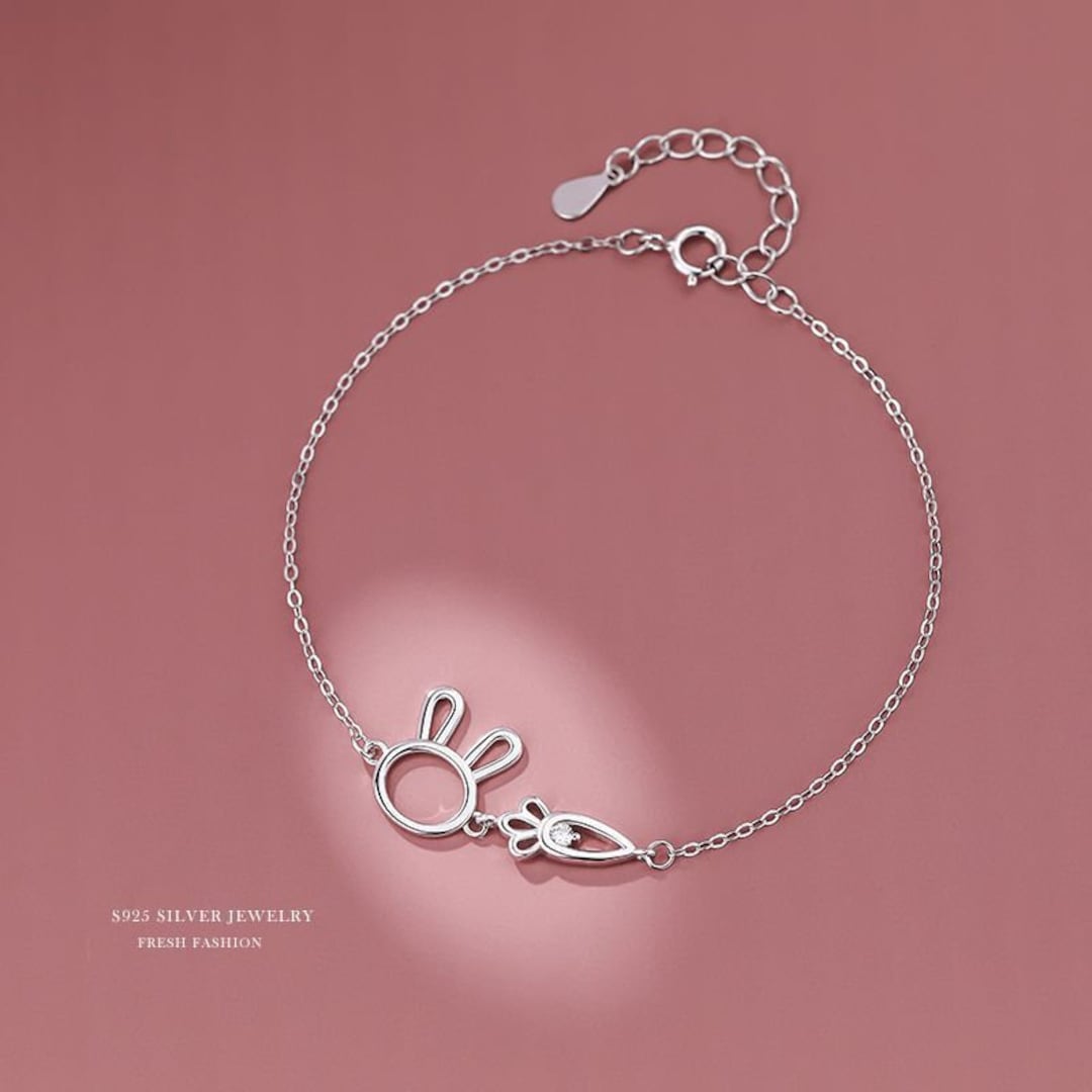 Sterling Silver Bunny Rabbit and Carrot Bracelet, Dainty Silver ...