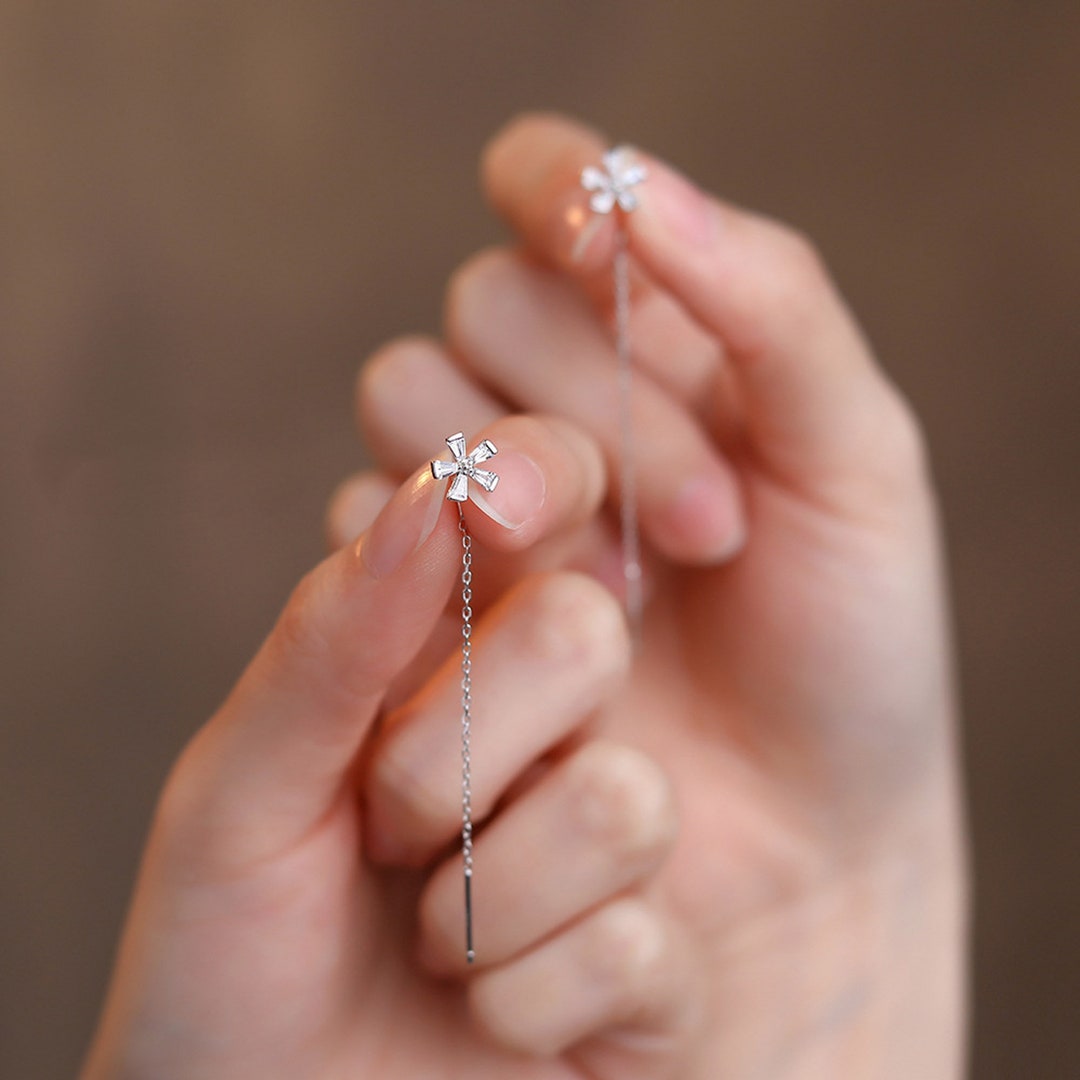 CZ Flower Threader Earrings,sterling Silver, Silver or Gold, Forget-me-not Floral Ear Threaders ...