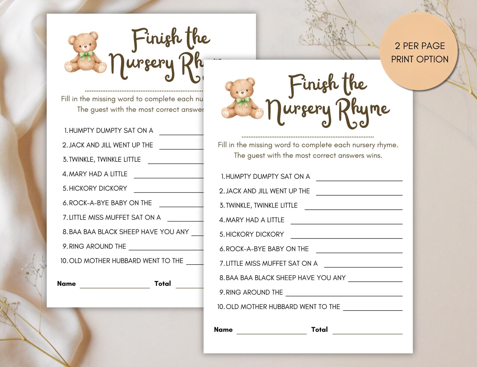 Nursery Rhyme Baby Shower Game Printable, Finish the Rhyme Baby Shower ...