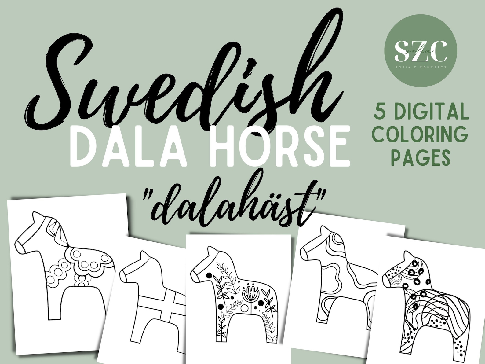 Printable Coloring Pages | 5 Dala Horse Designs | Digital Download - Etsy