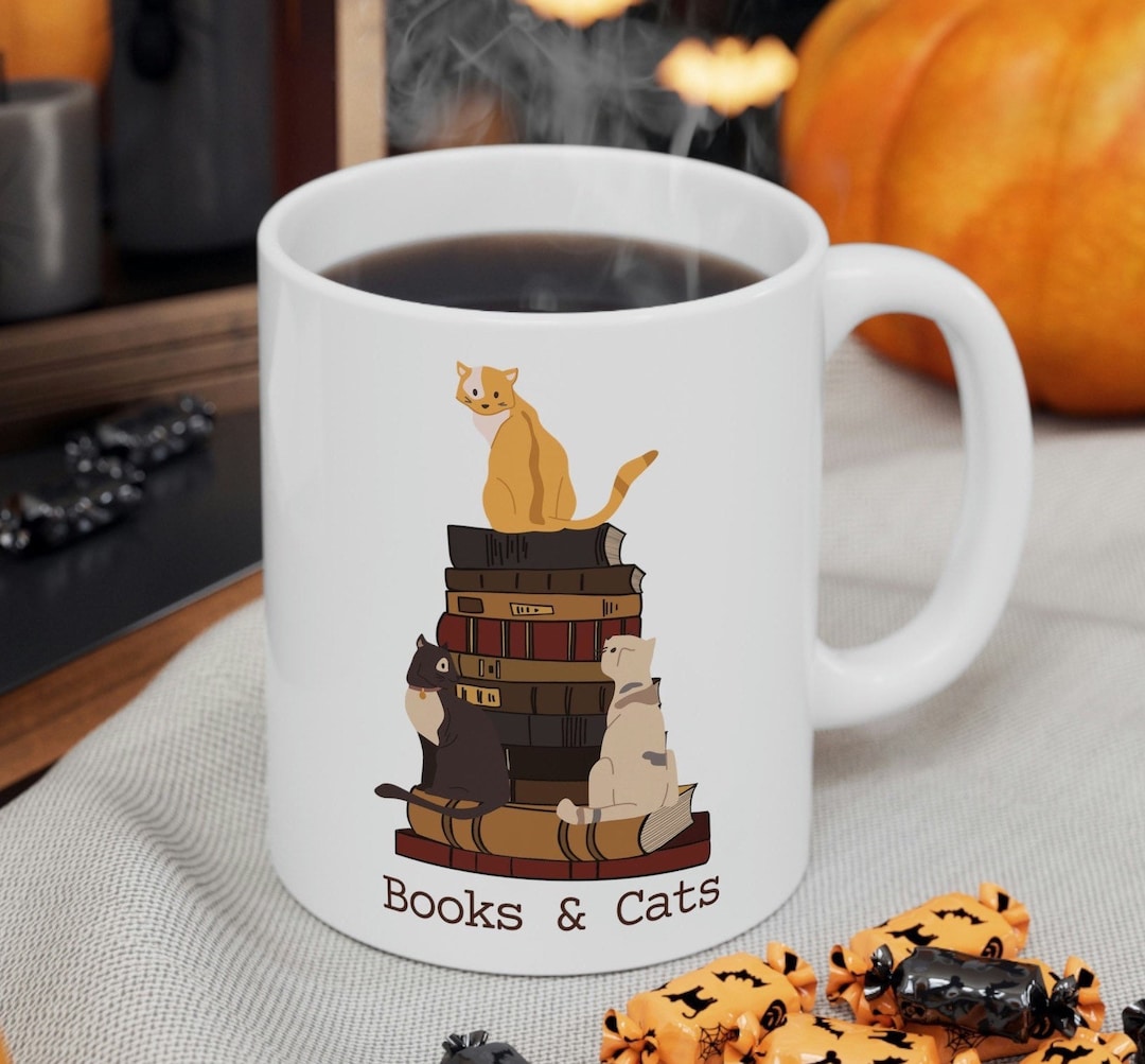 Books and Cats Mug 11oz and 15oz Cat Mug Orange Cat Mug Book Lover Gift ...