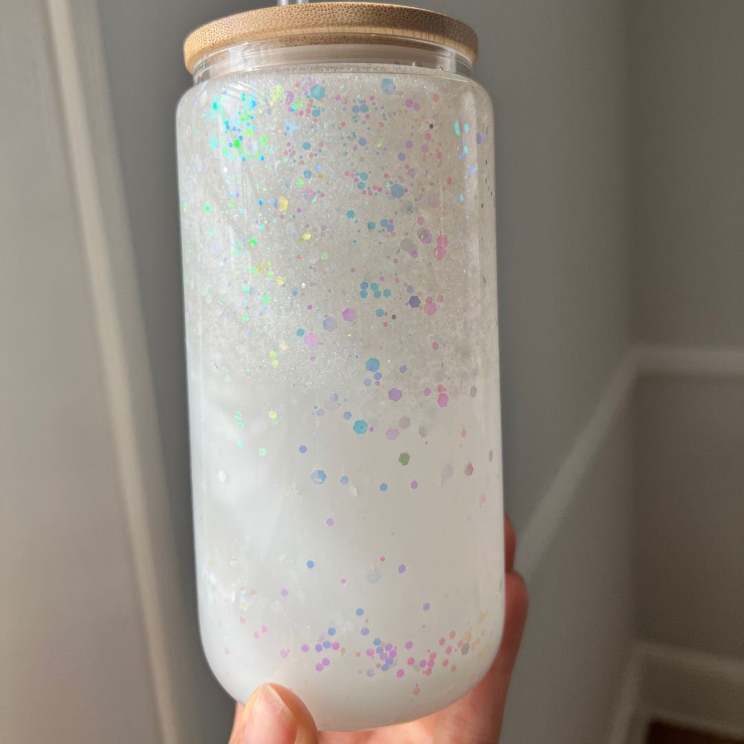 White Customized Glitter Libby Glass Can | Snow Globe Double Walled ...