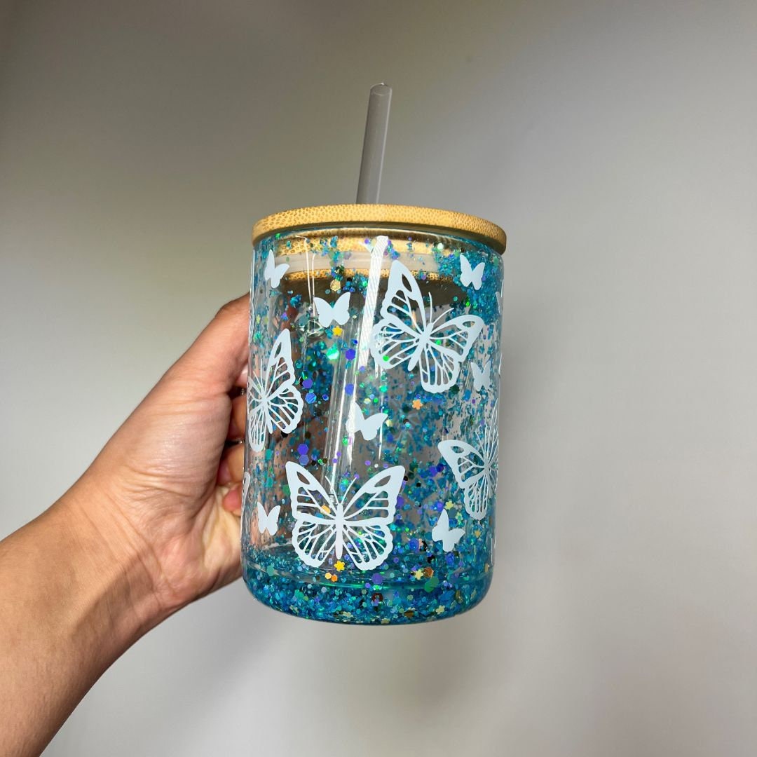 15oz Blue Butterfly Snow Globe Glass Mug Double Walled Blue Glitter ...