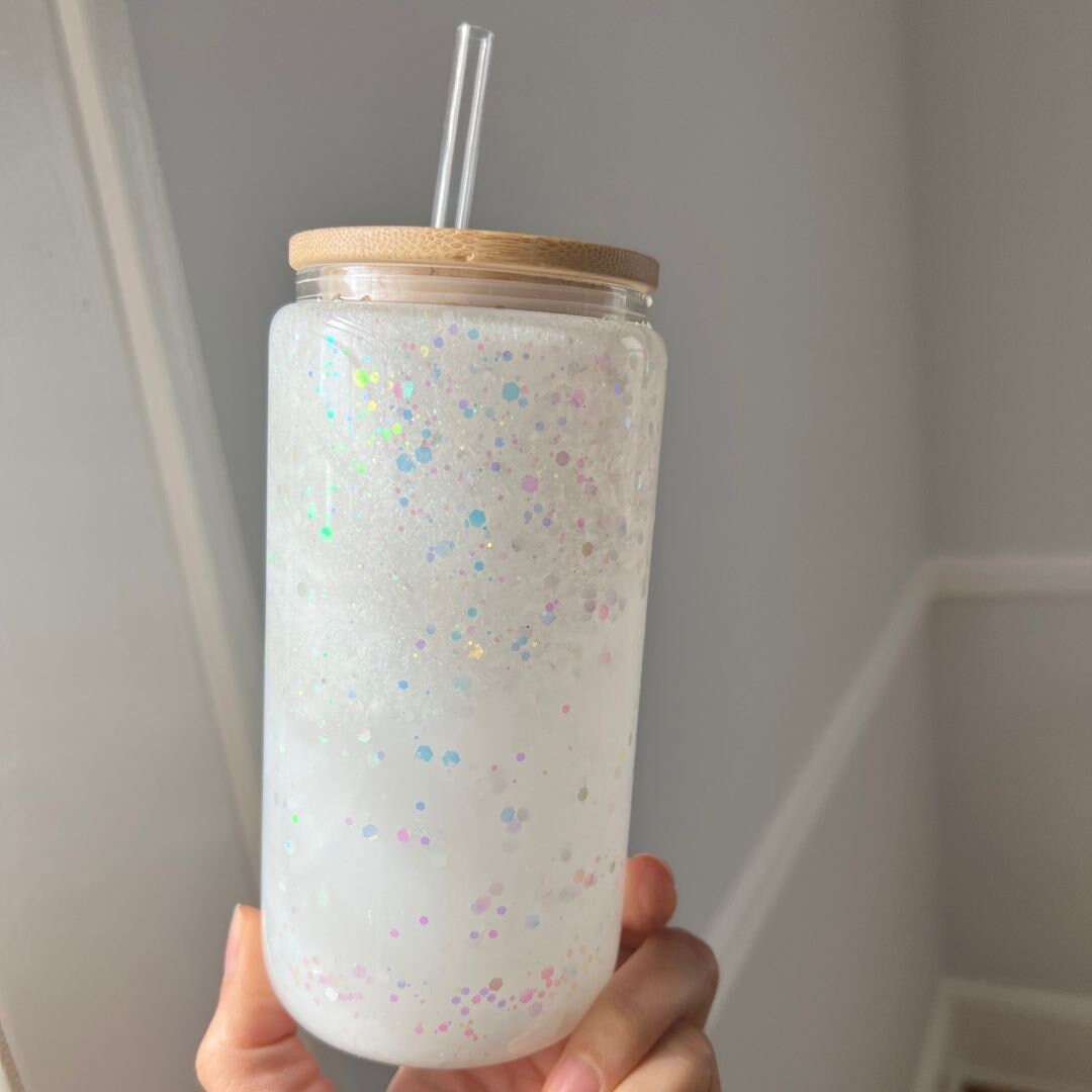 White Customized Glitter Libby Glass Can | Snow Globe Double Walled ...