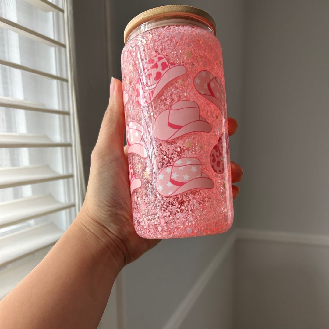Light Pink Cow Girl Hat Snow Globe Glass Can | 16oz Double Walled ...