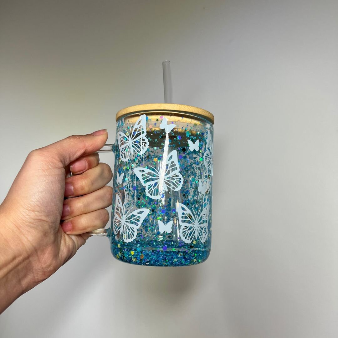 15oz Blue Butterfly Snow Globe Glass Mug | Double Walled | Blue Glitter ...