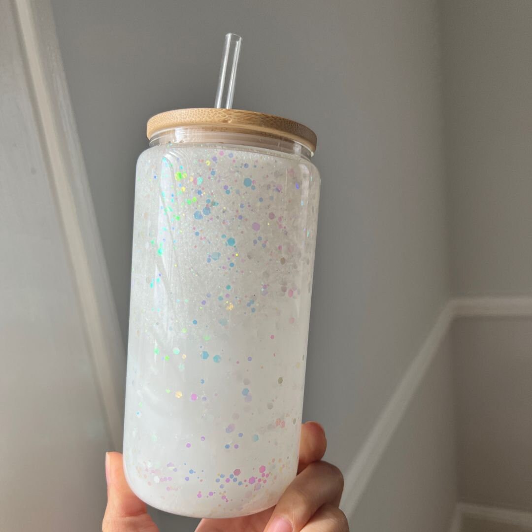 White Customized Glitter Libby Glass Can | Snow Globe Double Walled ...