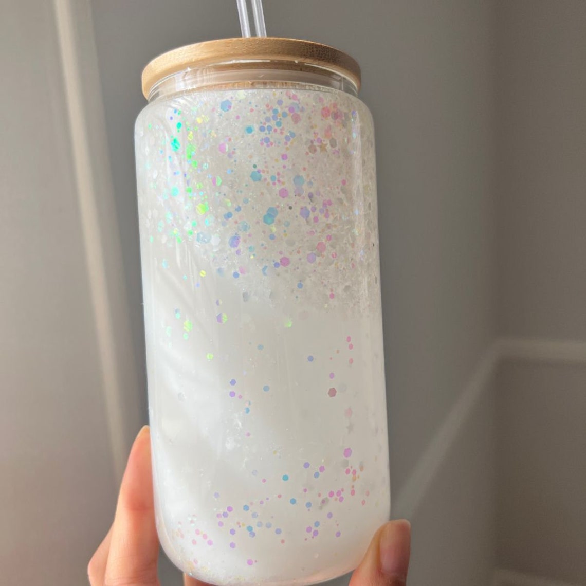 White Customized Glitter Libby Glass Can | Snow Globe Double Walled ...