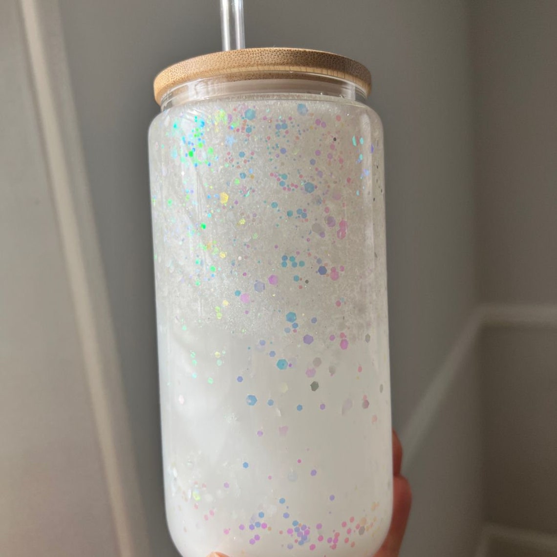 White Customized Glitter Libby Glass Can | Snow Globe Double Walled ...
