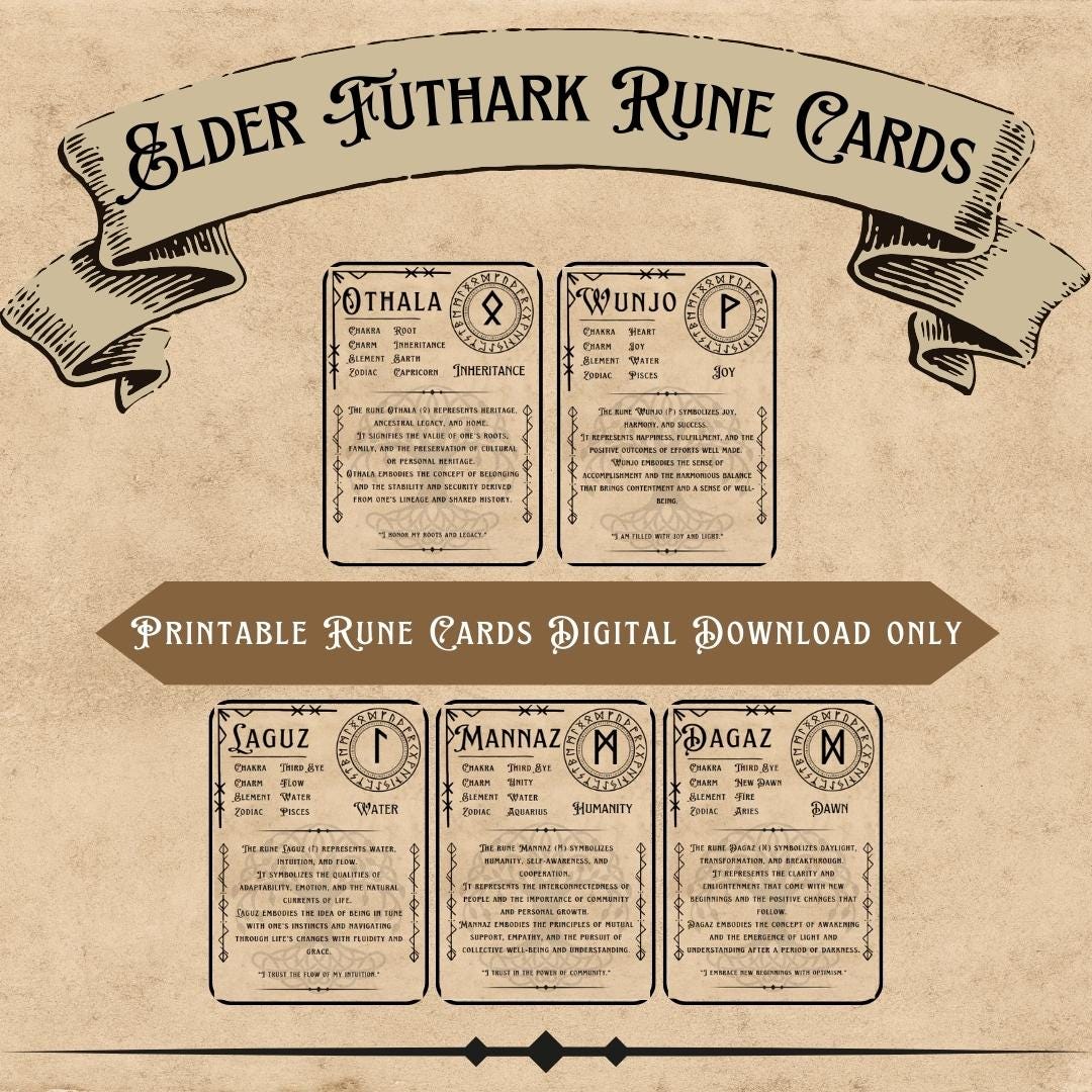 24 Printable Rune Cards, Elder Futhark Rune Cards, Runes, Printable ...