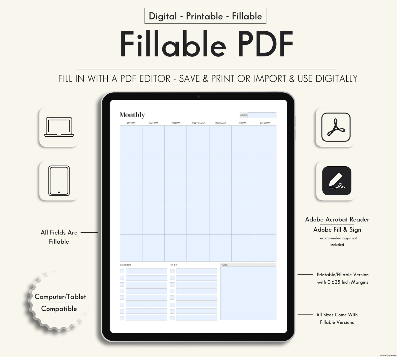 Digital Monthly Planner Printable To-do Checklist Editable Simple ...