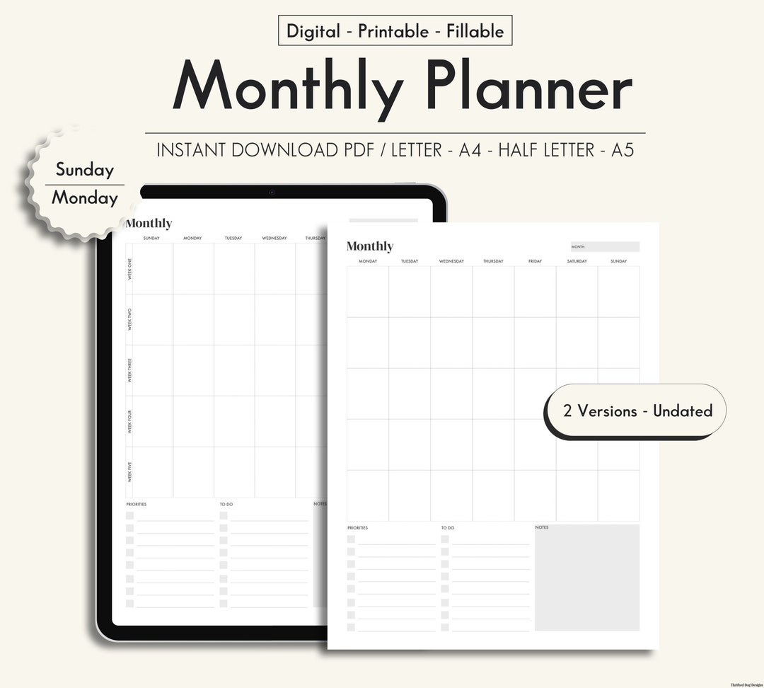 Digital Monthly Planner Printable To-do Checklist Editable Simple ...