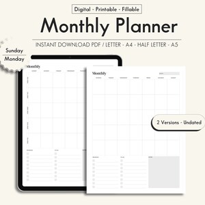 Digital Monthly Planner Printable To-do Checklist Editable Simple ...