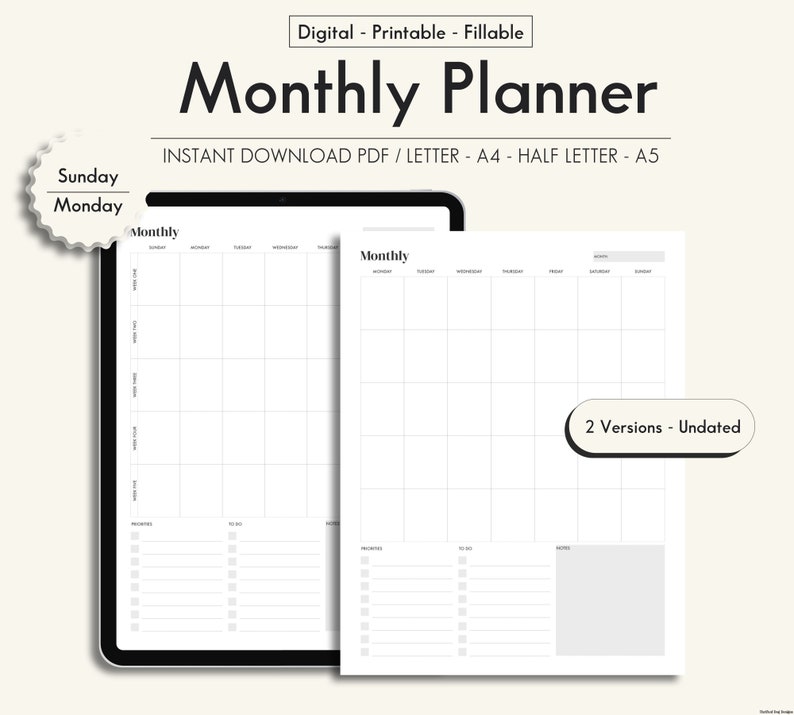 Digital Monthly Planner Printable To-do Checklist Editable Simple ...