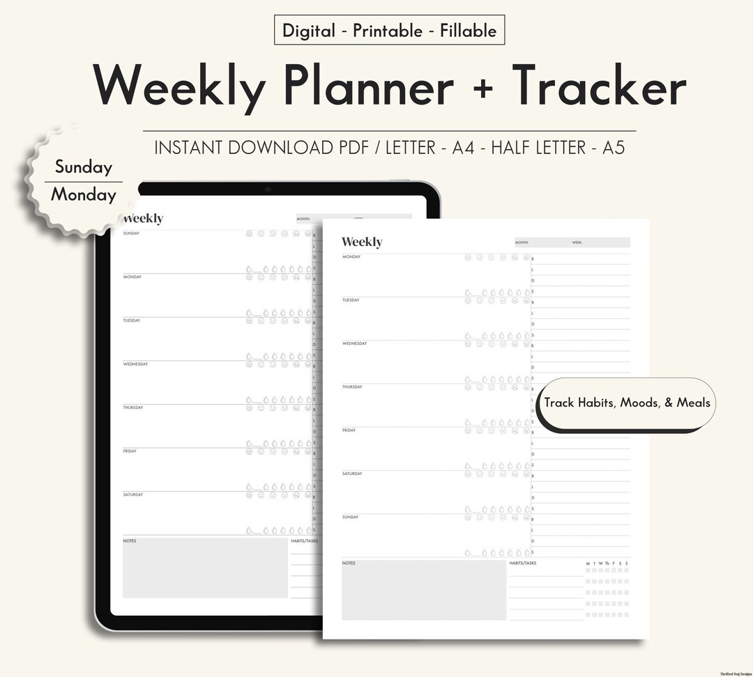 Printable Weekly Planner Mood Icons & Water Goals Habit Tracker ...