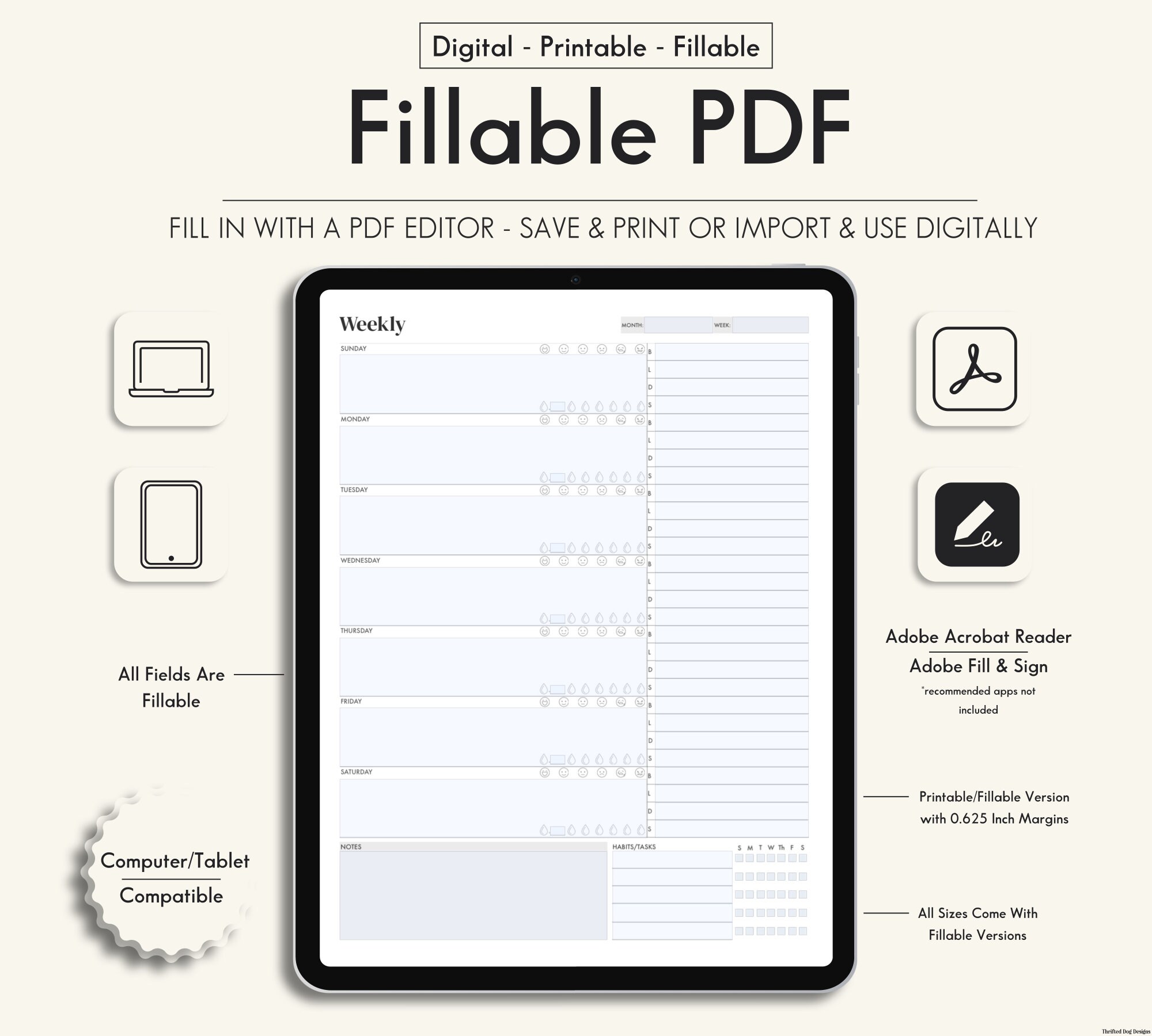 Printable Weekly Planner Mood Icons & Water Goals Habit Tracker ...