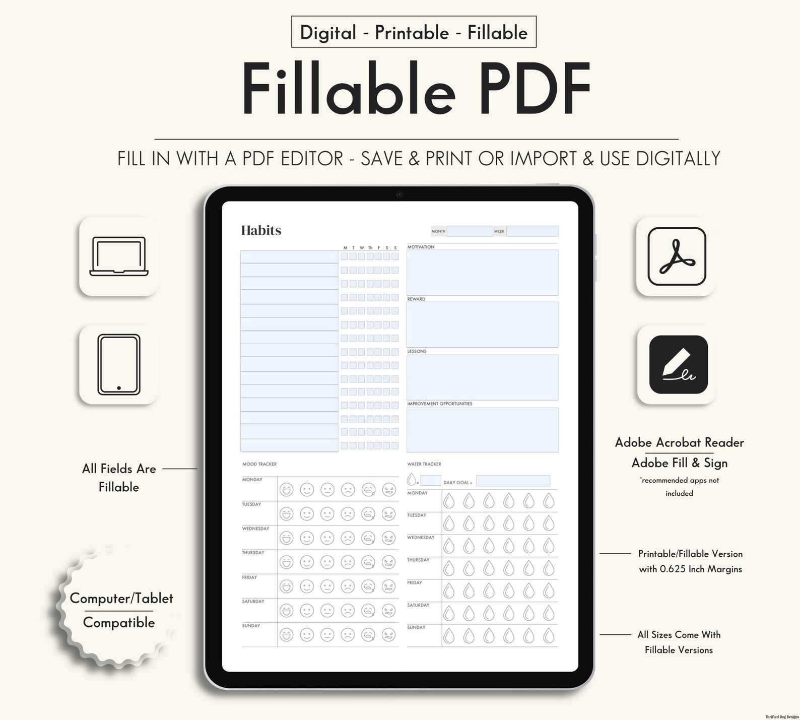 Printable Weekly Habit Tracker Digital Mood & Water Tracker Daily ...