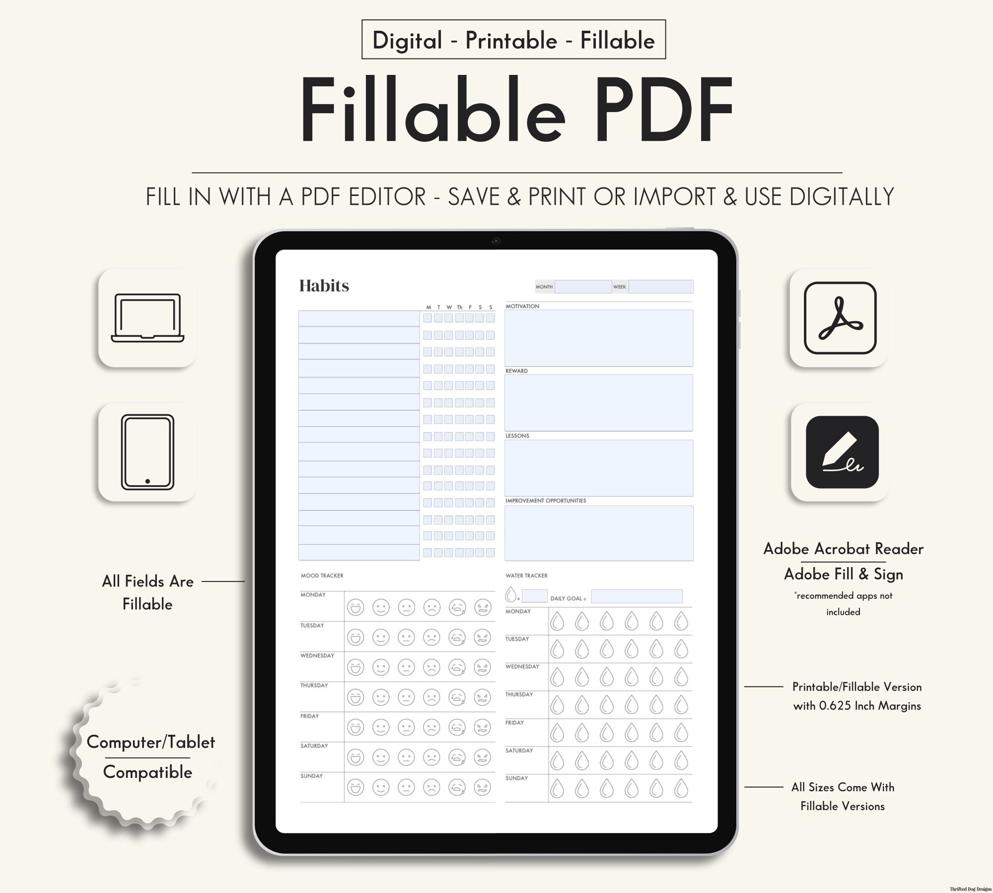 Printable Weekly Habit Tracker Digital Mood & Water Tracker Daily ...