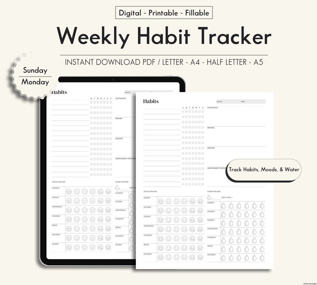 Printable Weekly Habit Tracker Digital Mood & Water Tracker Daily ...