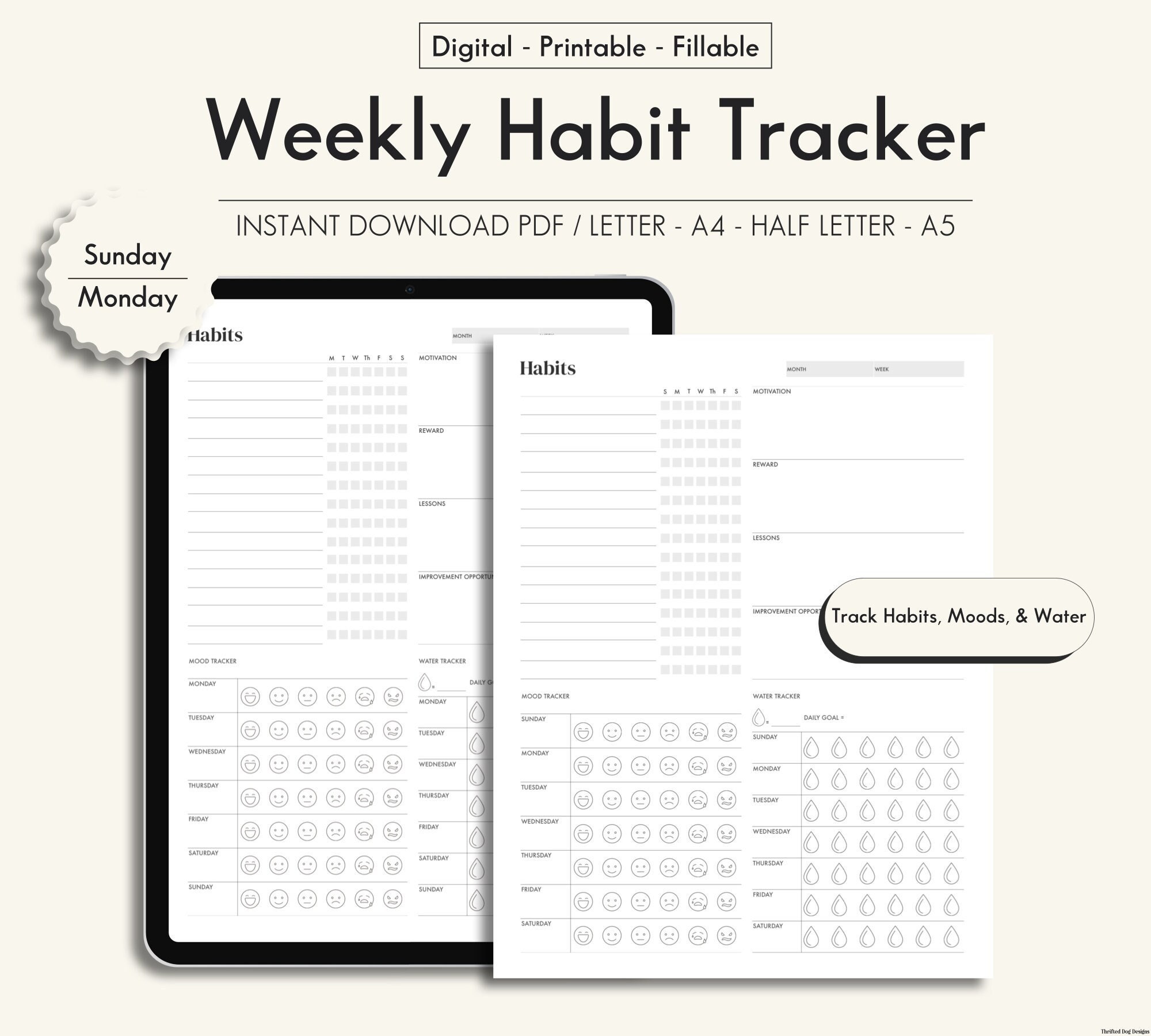 Printable Weekly Habit Tracker Digital Mood & Water Tracker Daily ...