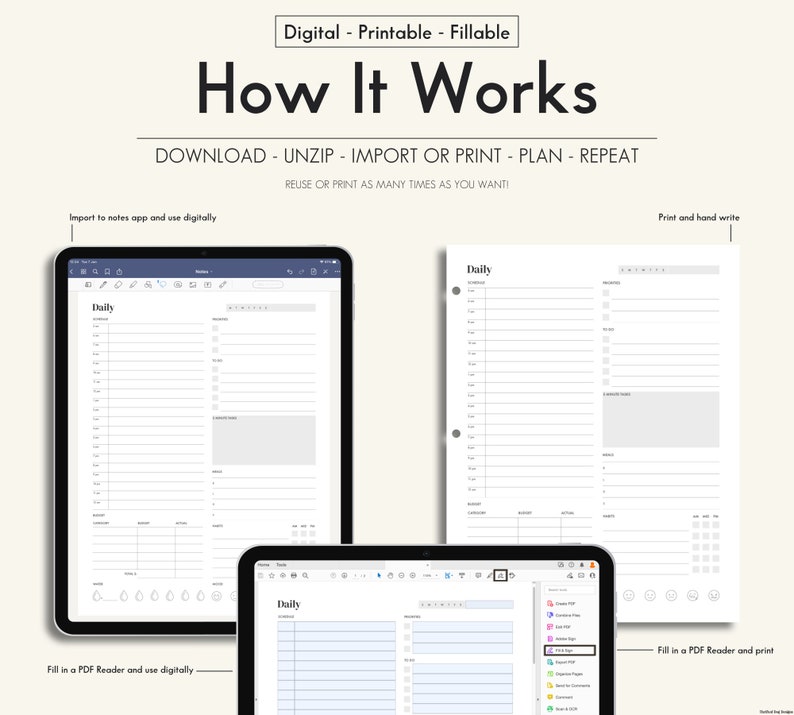 Printable Daily Planner Digital Productivity Planner Fillable Hourly ...