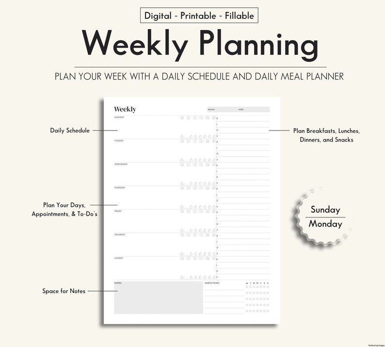 Printable Weekly Planner Mood Icons & Water Goals Habit Tracker ...