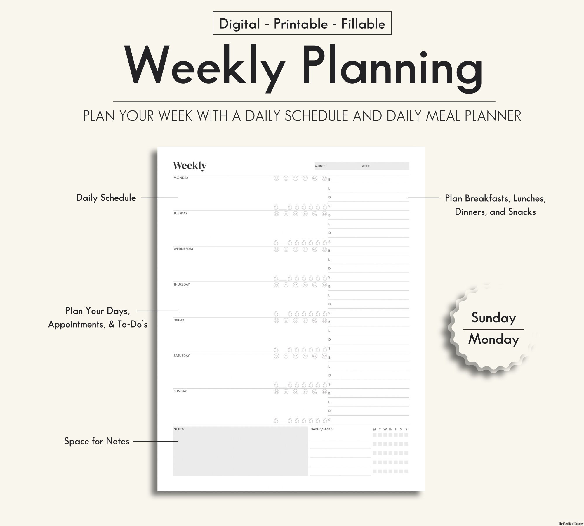 Printable Weekly Planner Mood Icons & Water Goals Habit Tracker ...