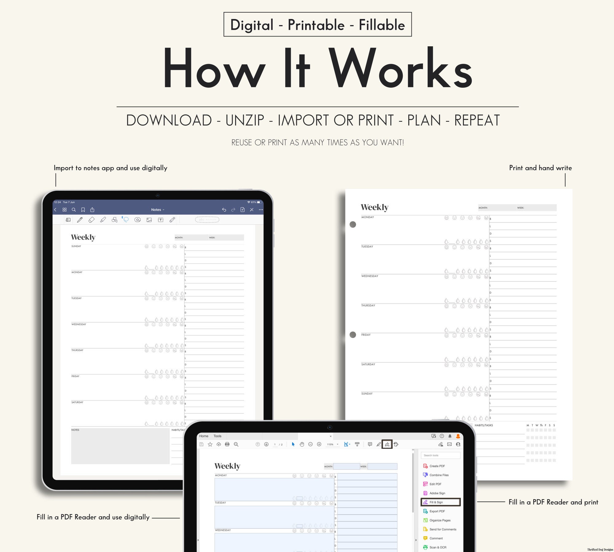 Printable Weekly Planner Mood Icons & Water Goals Habit Tracker ...