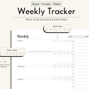 Printable Weekly Planner Mood Icons & Water Goals Habit Tracker ...