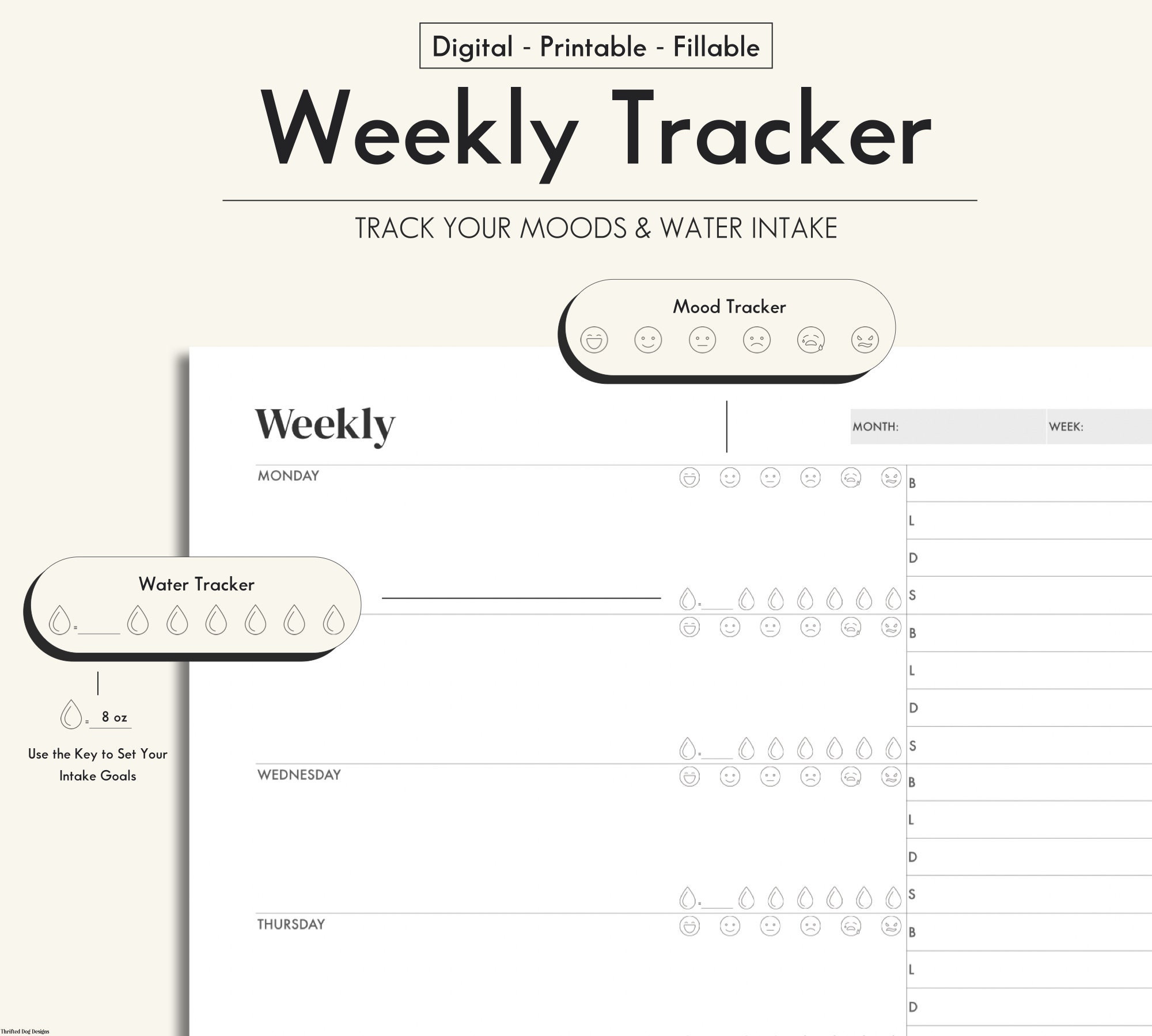 Printable Weekly Planner Mood Icons & Water Goals Habit Tracker ...