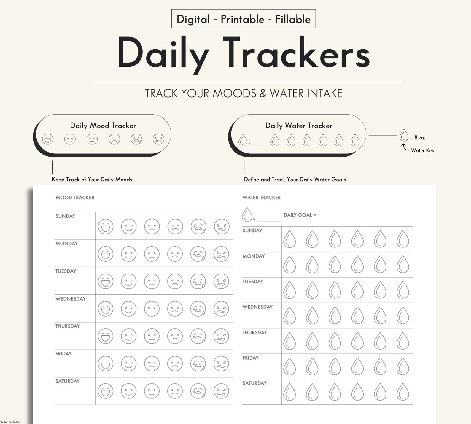 Printable Weekly Habit Tracker Digital Mood & Water Tracker Daily ...