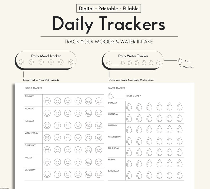 Printable Weekly Habit Tracker Digital Mood & Water Tracker Daily ...