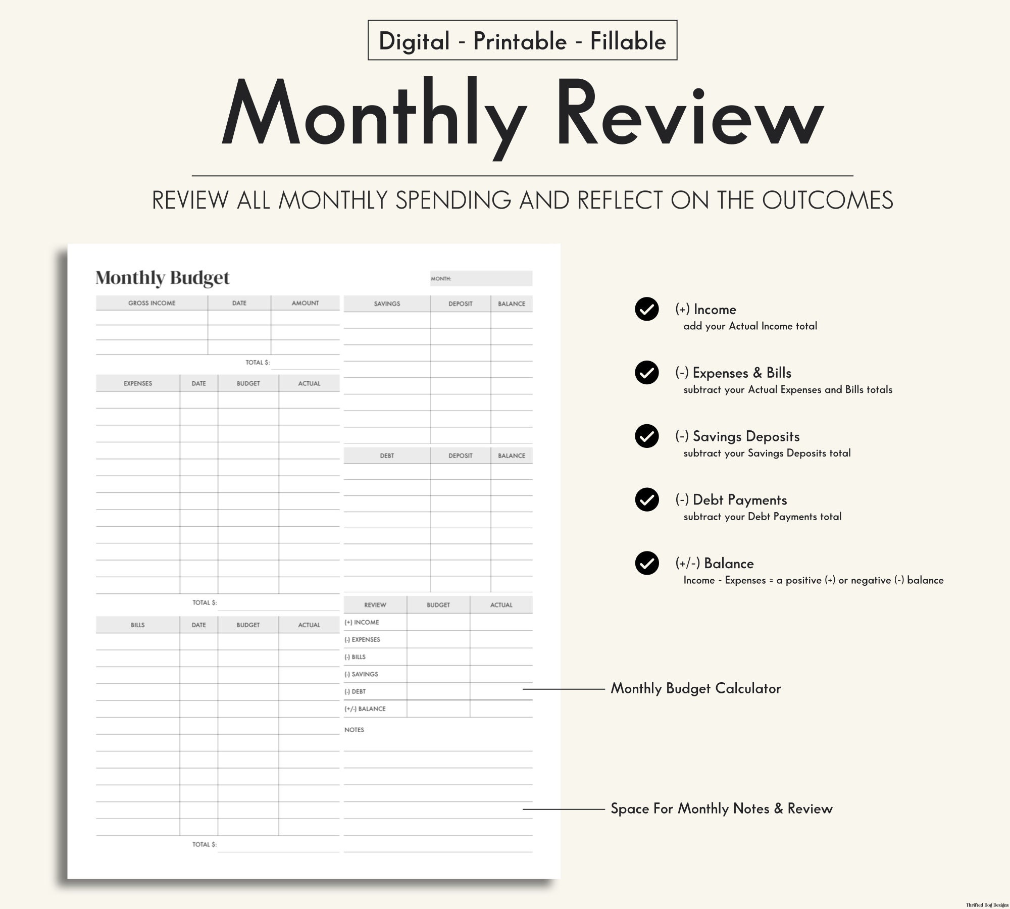 Printable Monthly Budget Planner Digital Income Tracker & Expenses Log ...