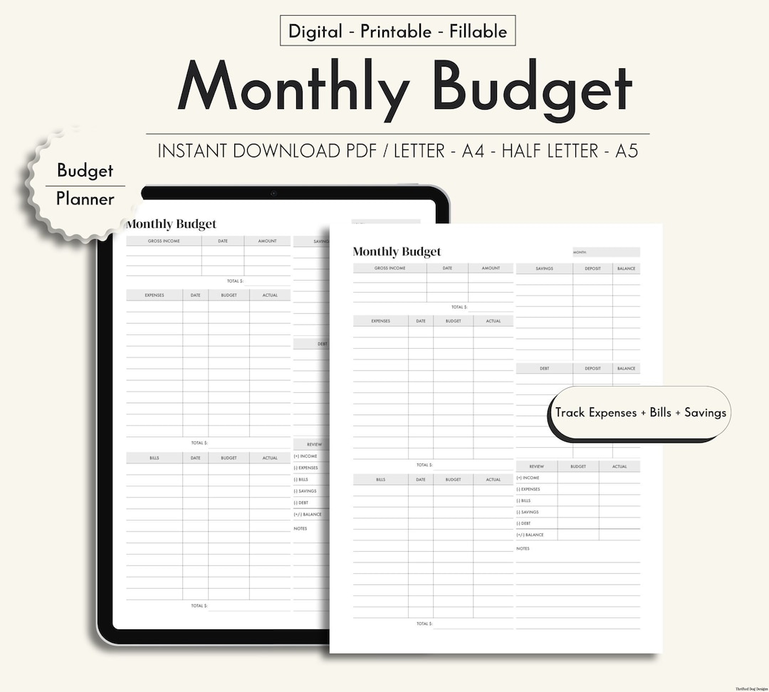 Printable Monthly Budget Planner Digital Income Tracker & Expenses Log ...