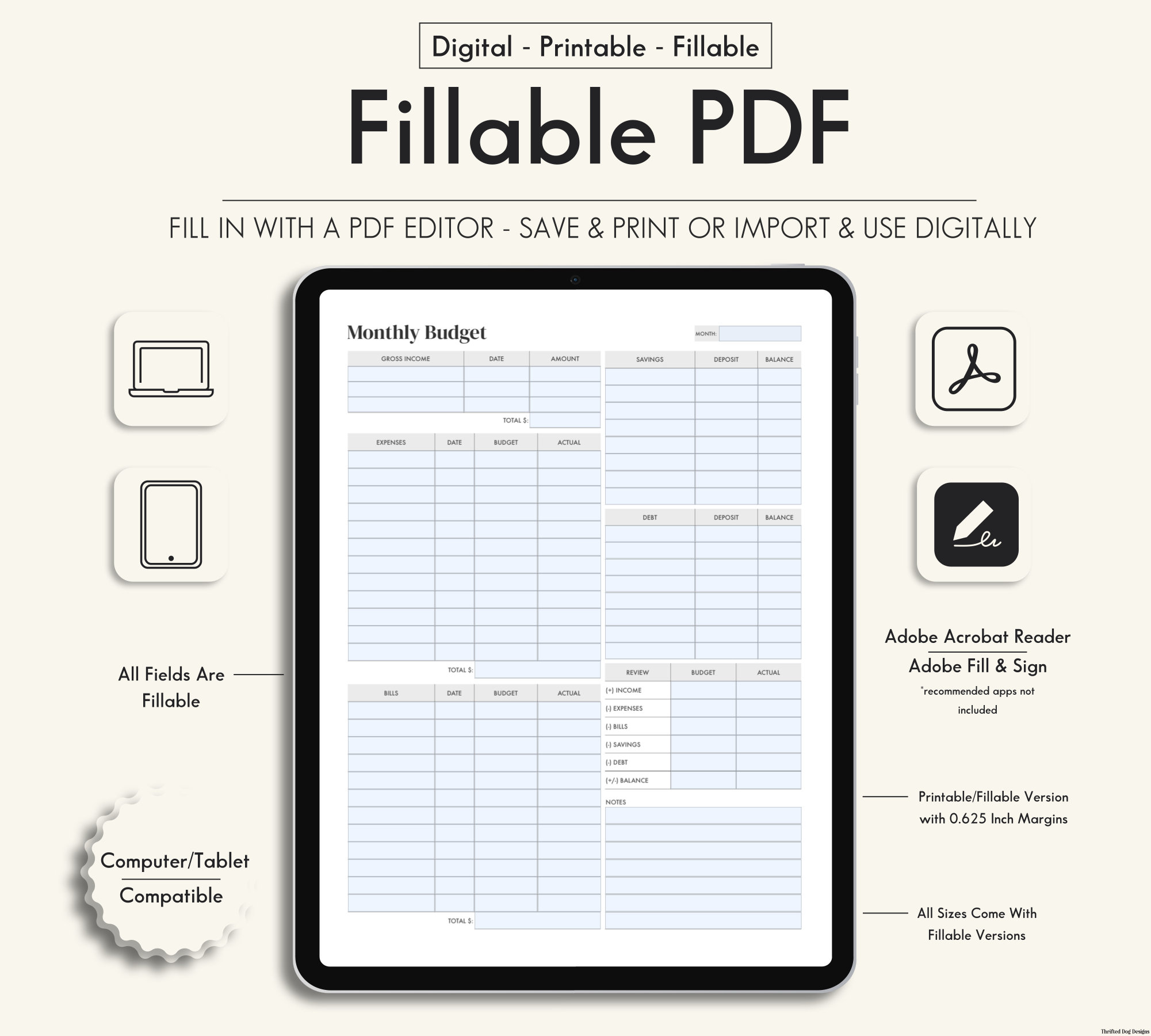 Printable Monthly Budget Planner Digital Income Tracker & Expenses Log ...