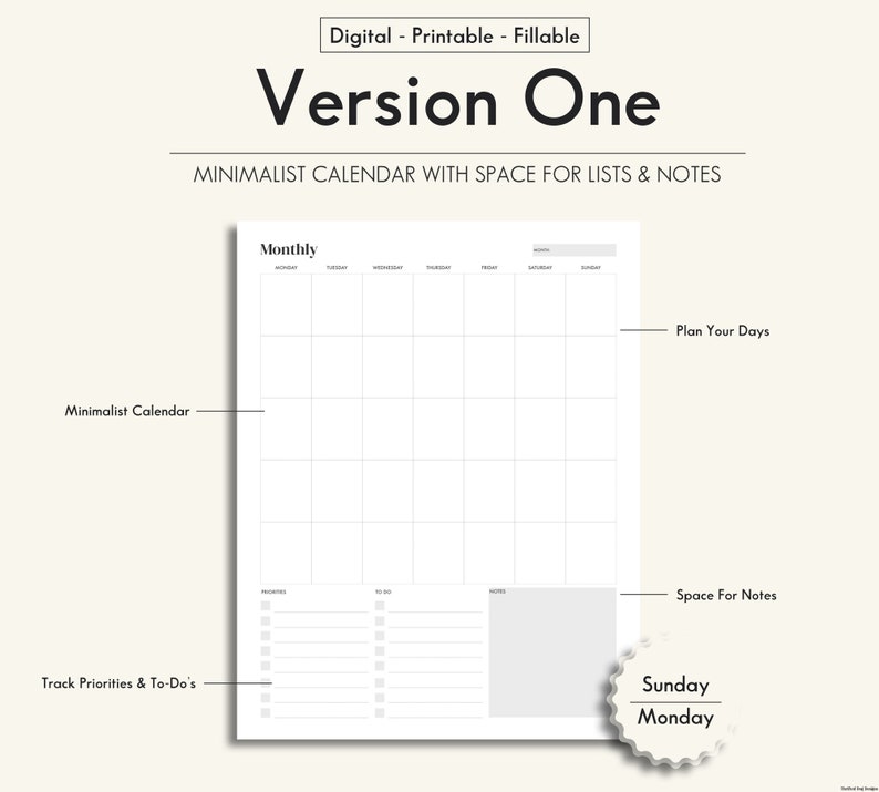 Digital Monthly Planner Printable To-do Checklist Editable Simple ...
